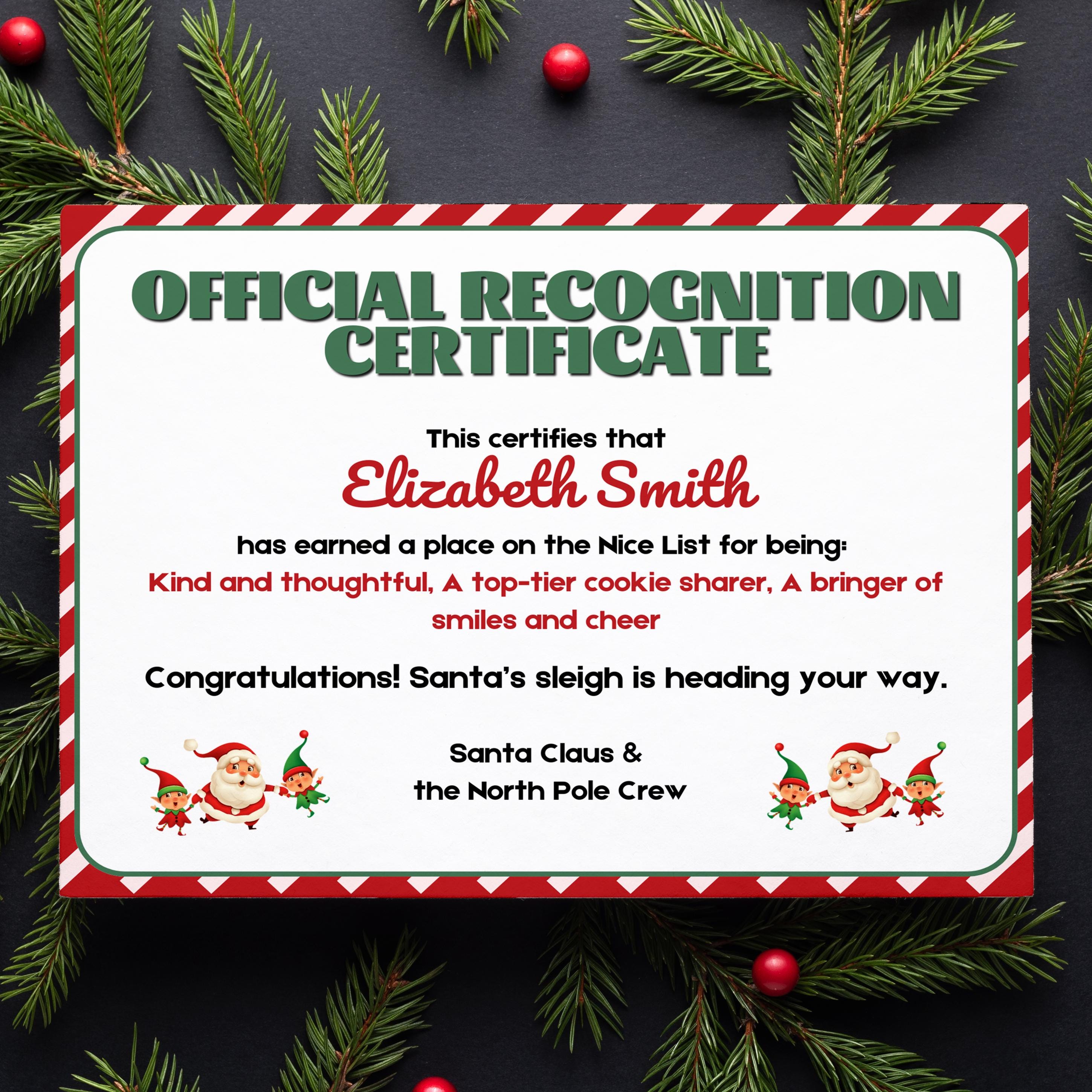 Printable Santa's Nice List Certificate, Official Recognition ...