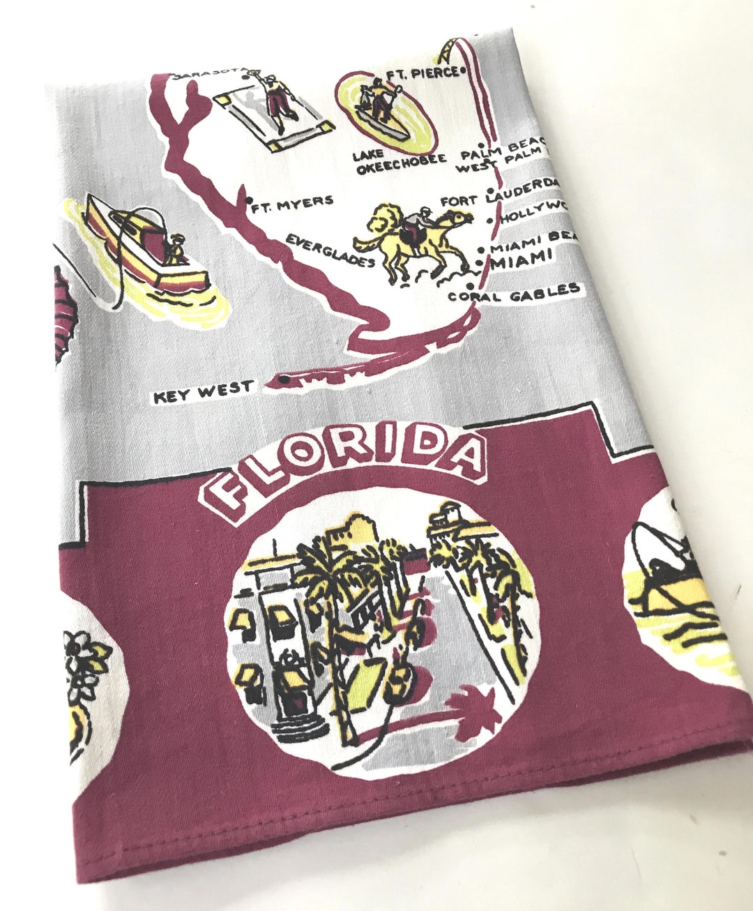 Vintage Florida Tea Towel Kitchen Towel 1950s Mid Century Gray and ...