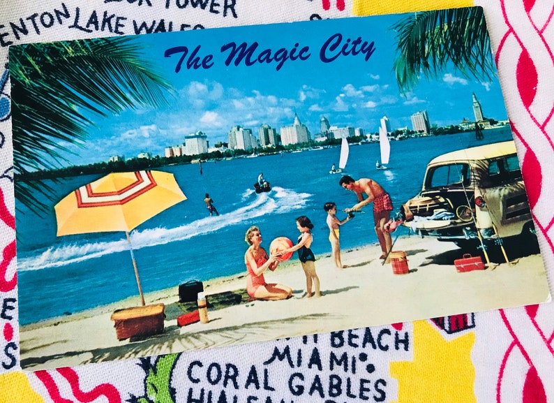 Vintage Miami Beach Postcard 1950s Magic City Woody Station Wagon ...