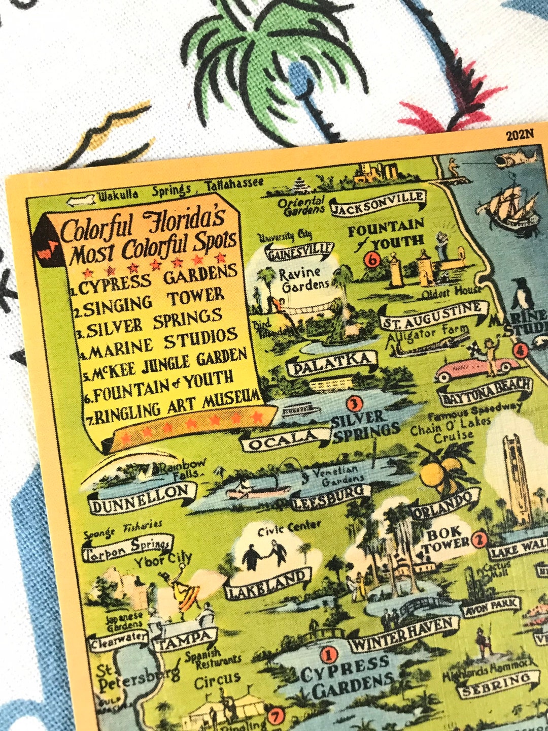 Vintage Florida Postcard 1940s Map Roadside Attractions Linen Etsy