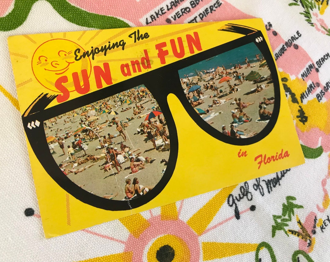 Vintage 1960s Florida Postcard Sun and Fun Sunglasses Beach Scene ...