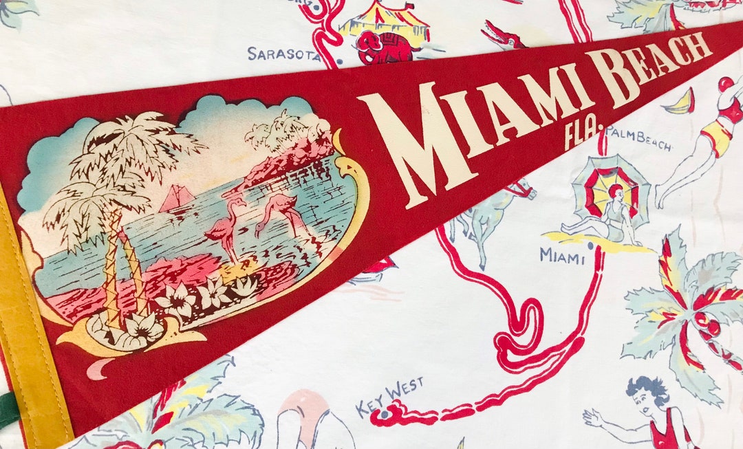 Vintage Miami Beach Florida Felt Pennant Banner 1940s 1950s Red With ...