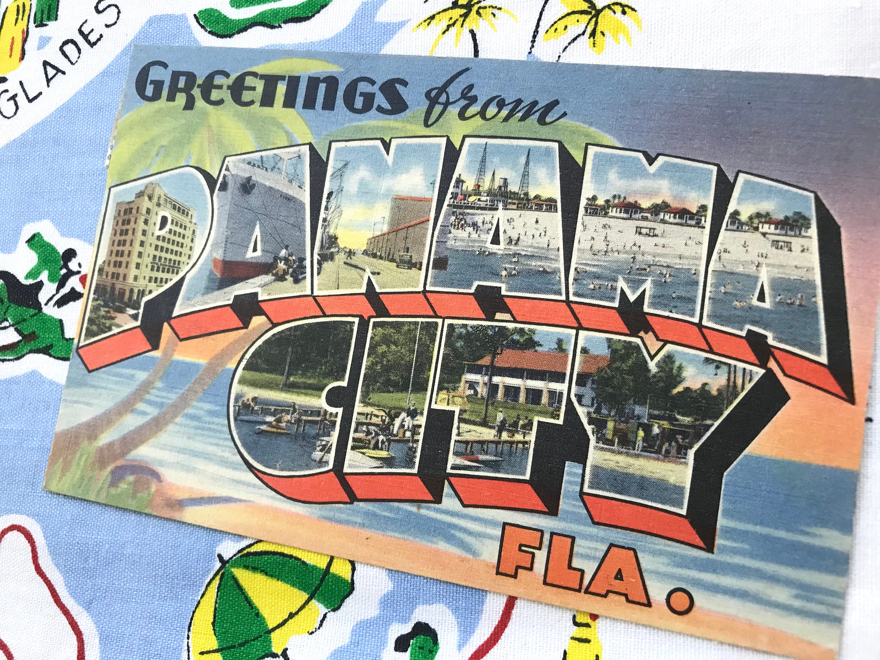 vintage postcard Florida Greetings from Panama City 1940s linen large ...