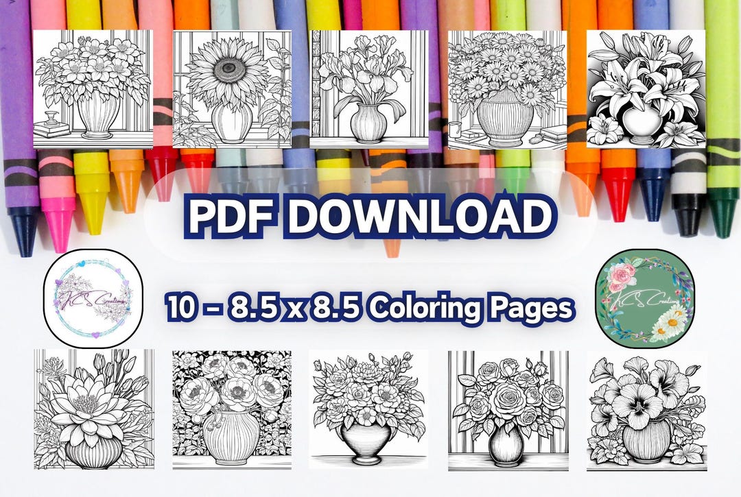 Blooms in Vases 10 Detailed Coloring Pages sunflower, Pansy, Lily, Rose ...