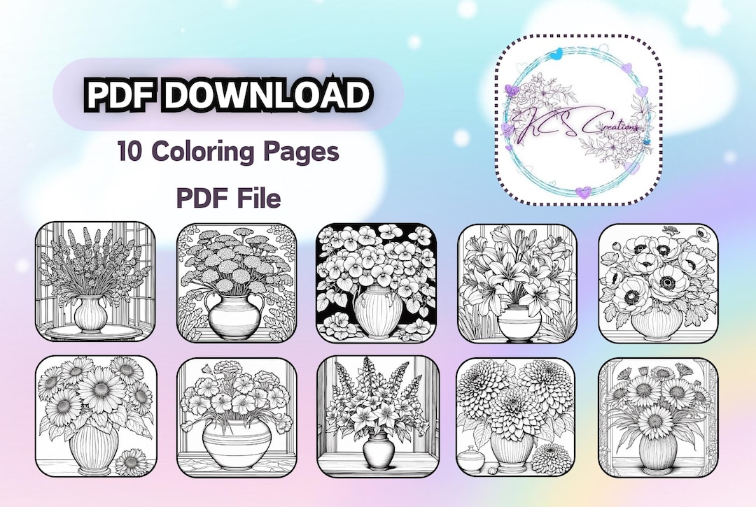 Blooms in Vases 10 Coloring Pages lavender, Daisy, Yarrow, Poppy, Lily ...