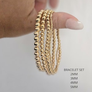 4 Piece 18K Gold Filled Beaded Bracelet Set Gold Ball Bracelet Gold Beaded Bracelet Elastic Gold ...