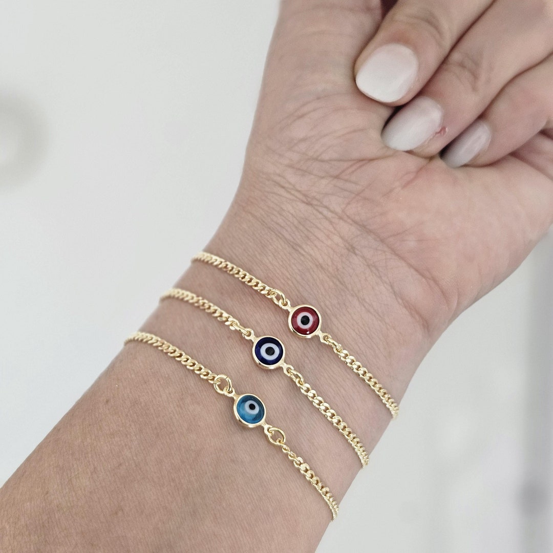 18k Gold Filled Evil Eye Bracelet: Dainty Protection Stacking Chain - Etsy