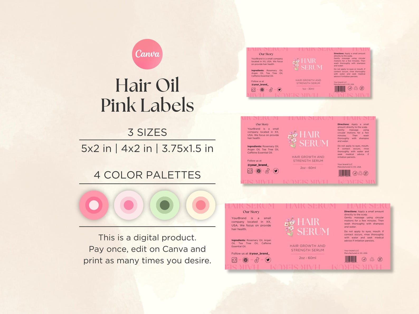 Pink Hair Oil Label Template: Canva Hair Serum Labels (digital Download ...