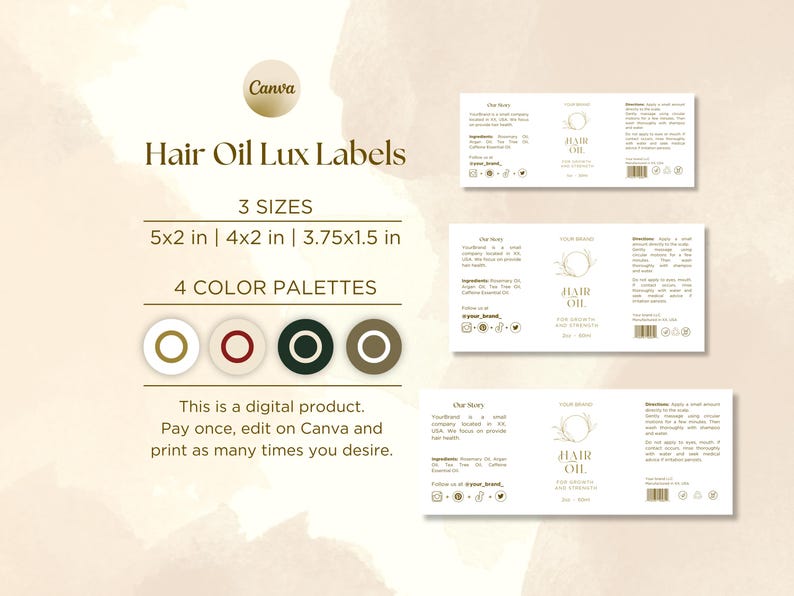 Hair Oil Label Canva Template: Luxury Haircare, Dropper Bottle (digital ...