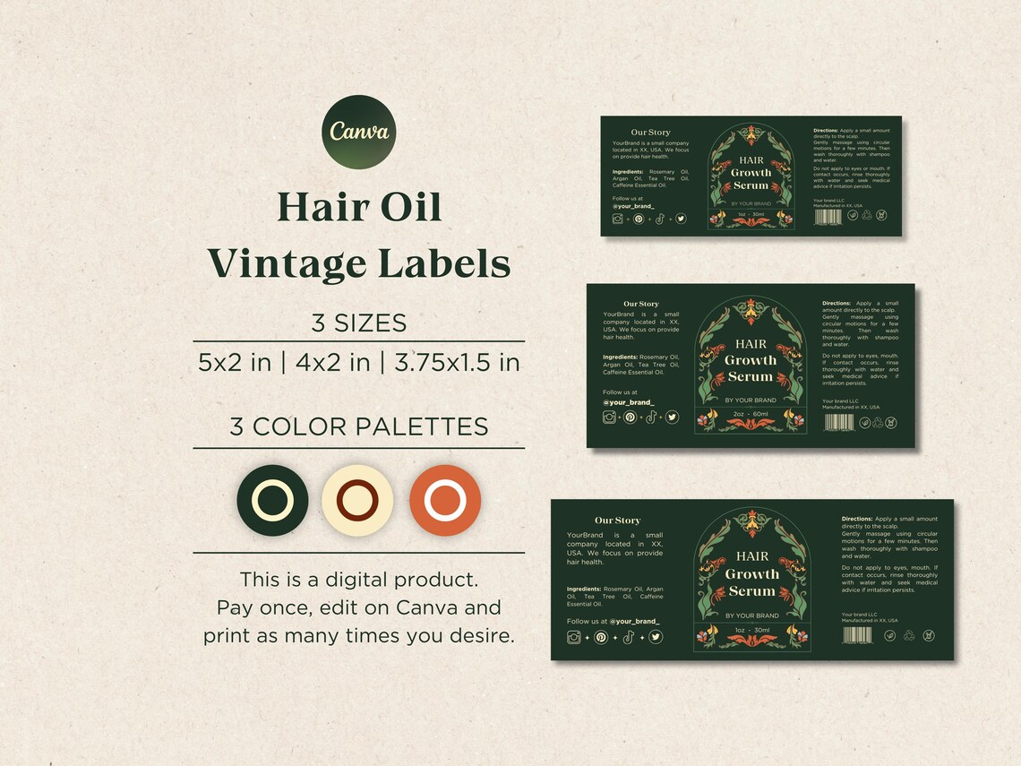 Vintage Hair Oil Label Canva Template, Haircare Oil Template, Essential ...