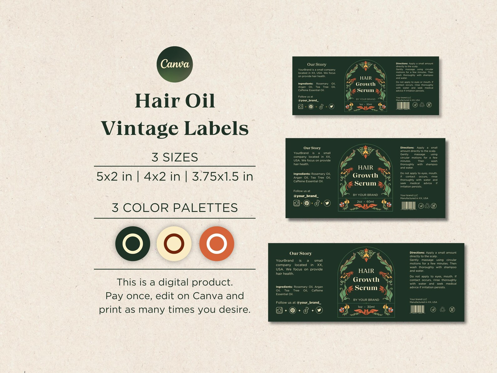 Vintage Hair Oil Label Canva Template, Haircare Oil Template, Essential ...