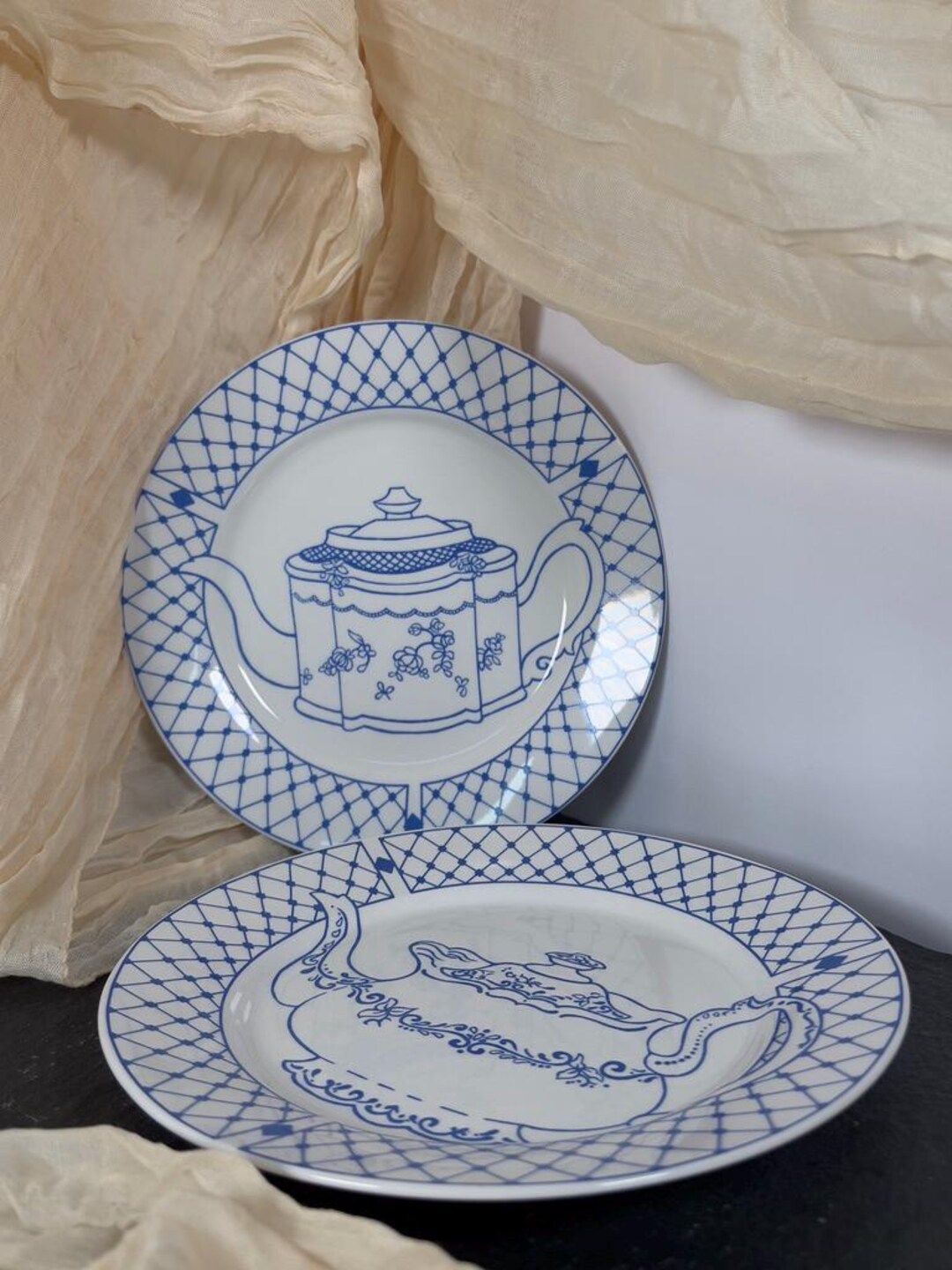 BIA Cordon Bleu Blue and White Teapot Design Plates Set of 2 Hand ...