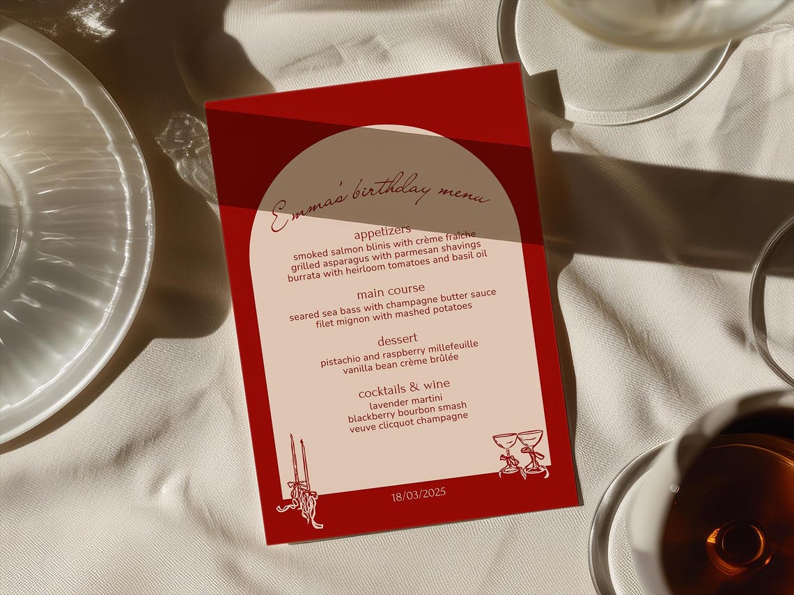 Elegant Birthday Menu Template | Minimalist Red Theme | Printable Canva ...