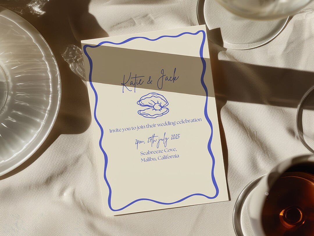 Coastal Oyster Pearl Wedding Invitation Template Beach Theme Editable ...