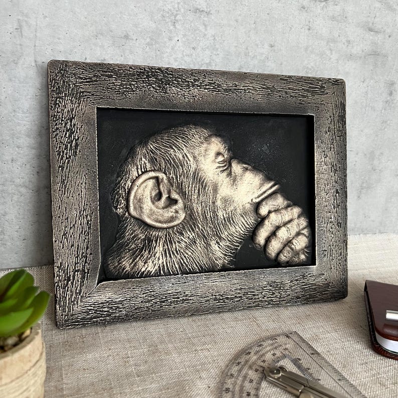 Thinking Monkey Wall Art, Chimpanzee 3D Sculpture, Wall Hanging Silver ...