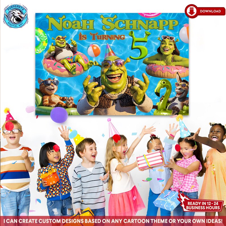 Shrek Pool Party Backdrop, Kids Summer Birthday Banner (digital ...