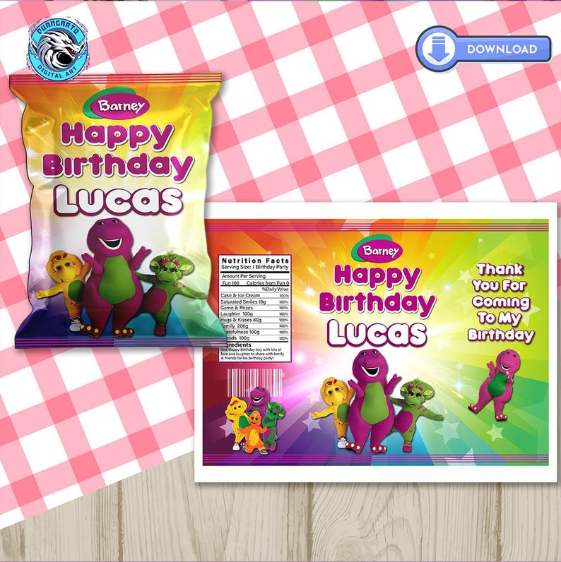 Printable Barney Birthday Chip Bags: Purple Dinosaur Party Favor ...