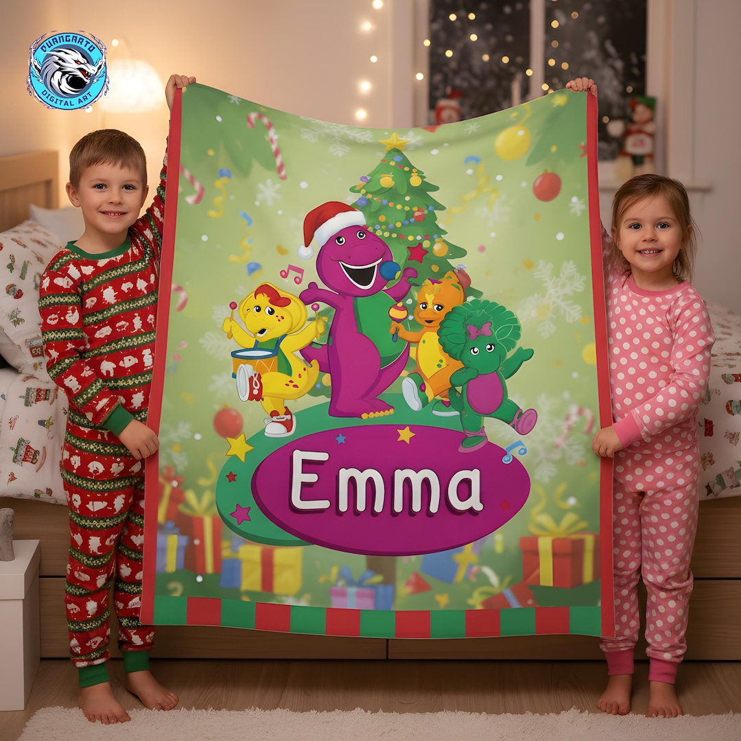 Personalized Christmas Barney Blanket, Custom Name Kids Throw, Holiday ...