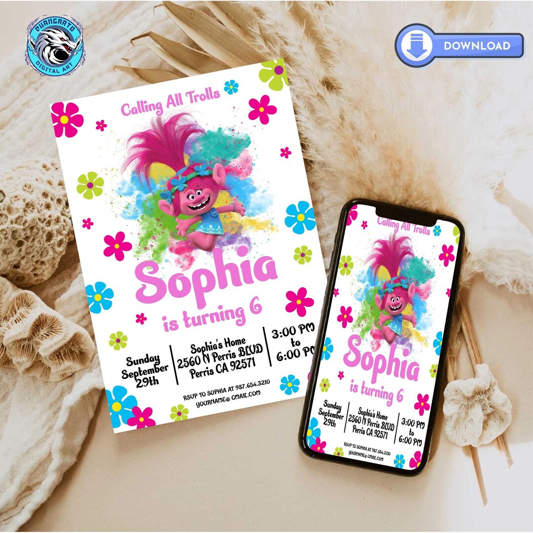Printable Poppy Trolls Birthday Invitation Girl, Personalized Poppy ...
