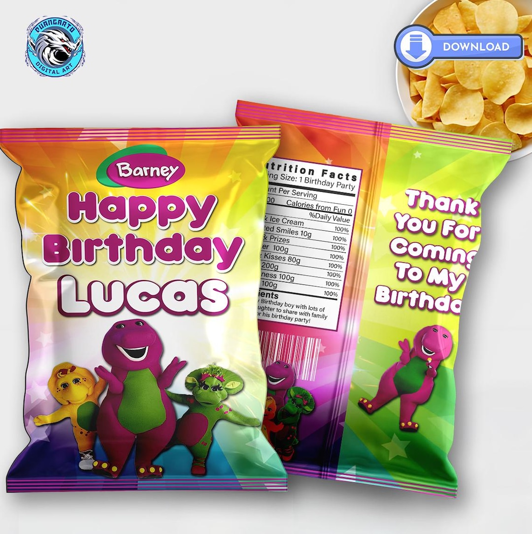 Printable Barney Birthday Chip Bags: Purple Dinosaur Party Favor ...