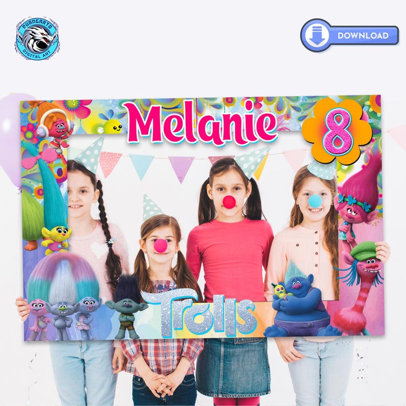 Printable Trolls Birthday Photo Booth Frame, Rainbow Birthday Party ...