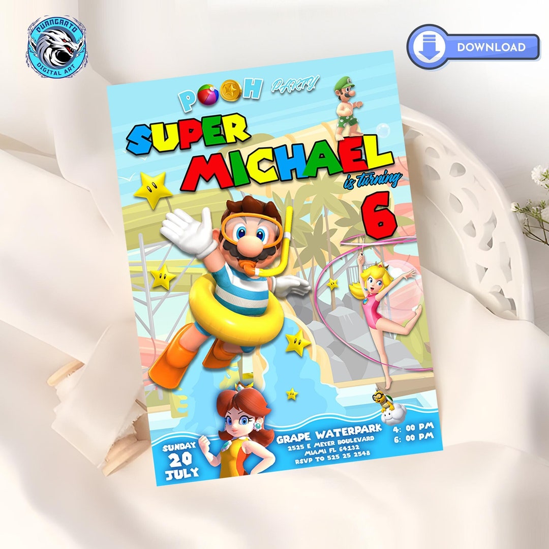 Super Mario Birthday Invitation for Brothers, Mario Pool Party Invites ...