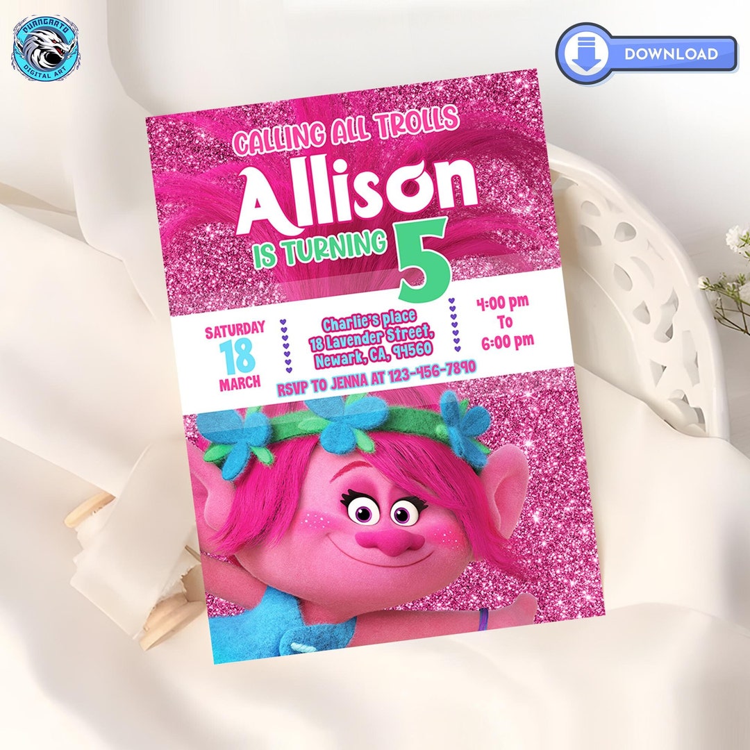 Trolls Poppy Birthday Invitation: Girl's Party, Electronic Invite ...