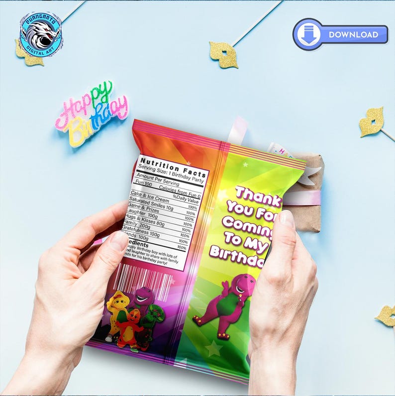 Printable Barney Birthday Chip Bags: Purple Dinosaur Party Favor ...