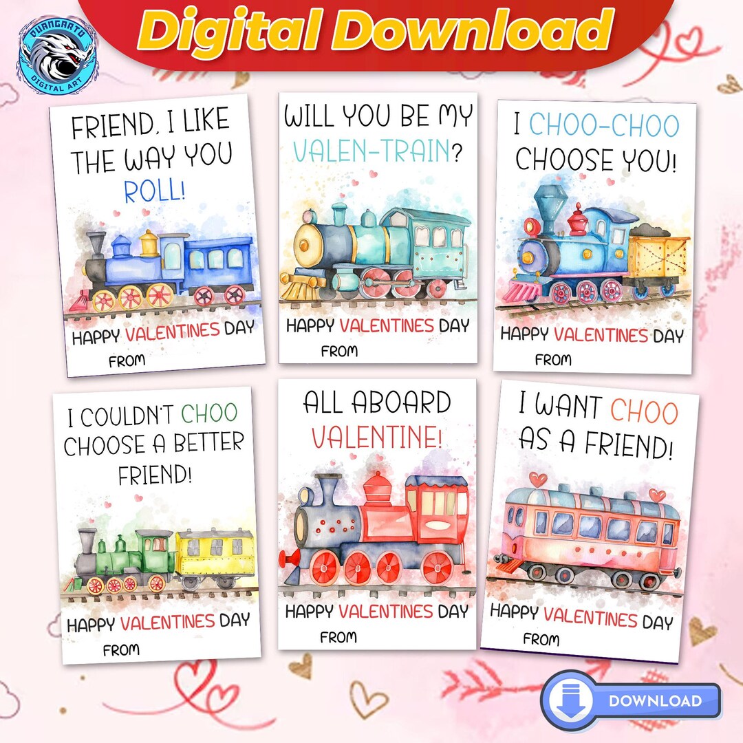 Train Valentines Day Card Instant Download, Kids Valentine Cards ...