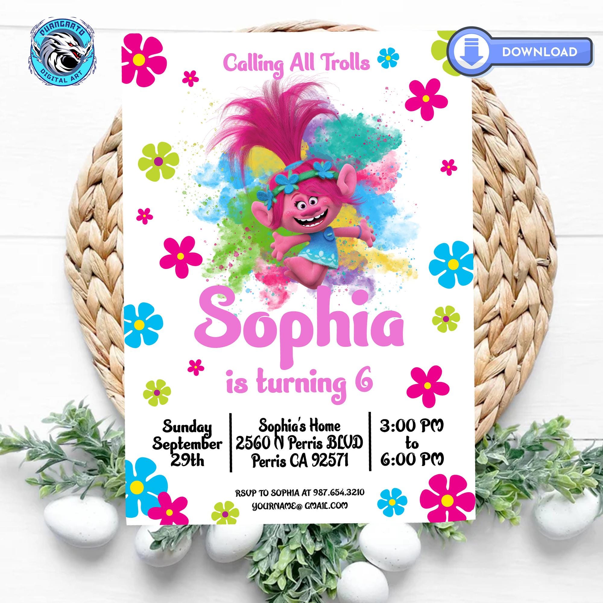 Printable Poppy Trolls Birthday Invitation Girl, Personalized Poppy ...