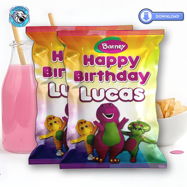 Printable Barney Birthday Chip Bags: Purple Dinosaur Party Favor ...