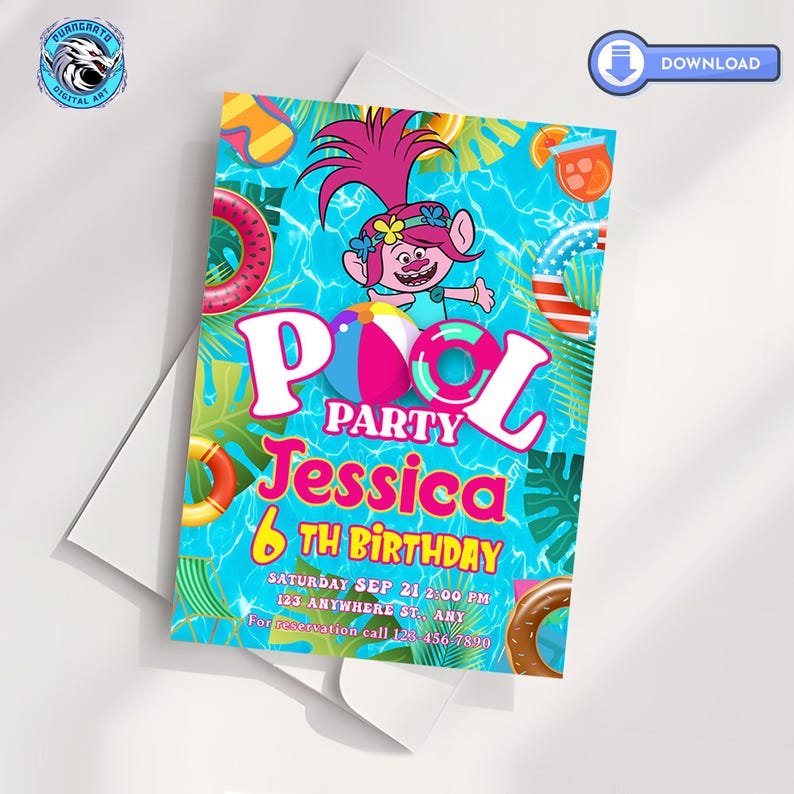 Printable Trolls Pool Party Invitation, Poppy Trolls Birthday Party ...