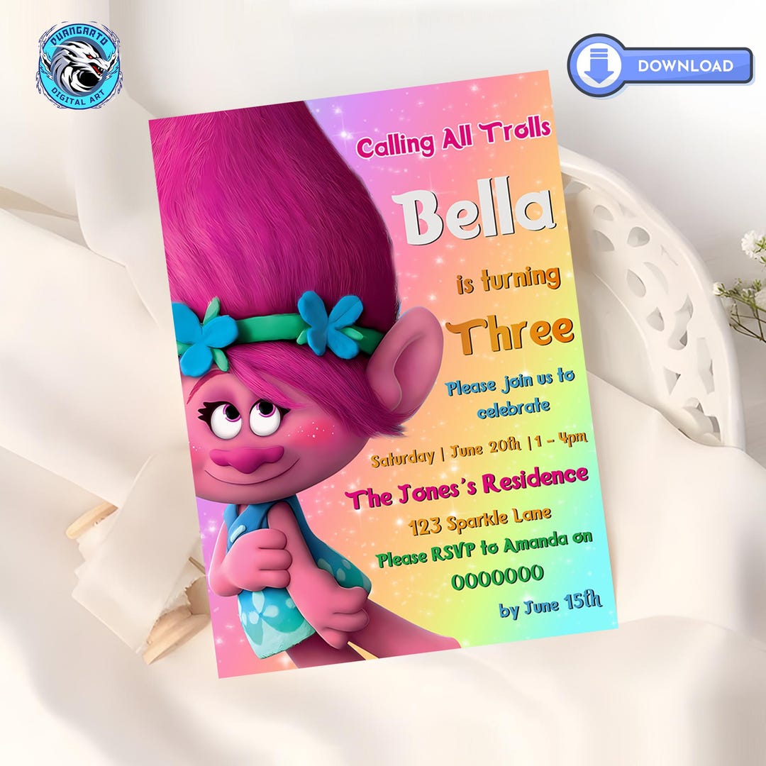 Printable Trolls Poppy Party Birthday Invitation, Trolls Princess ...