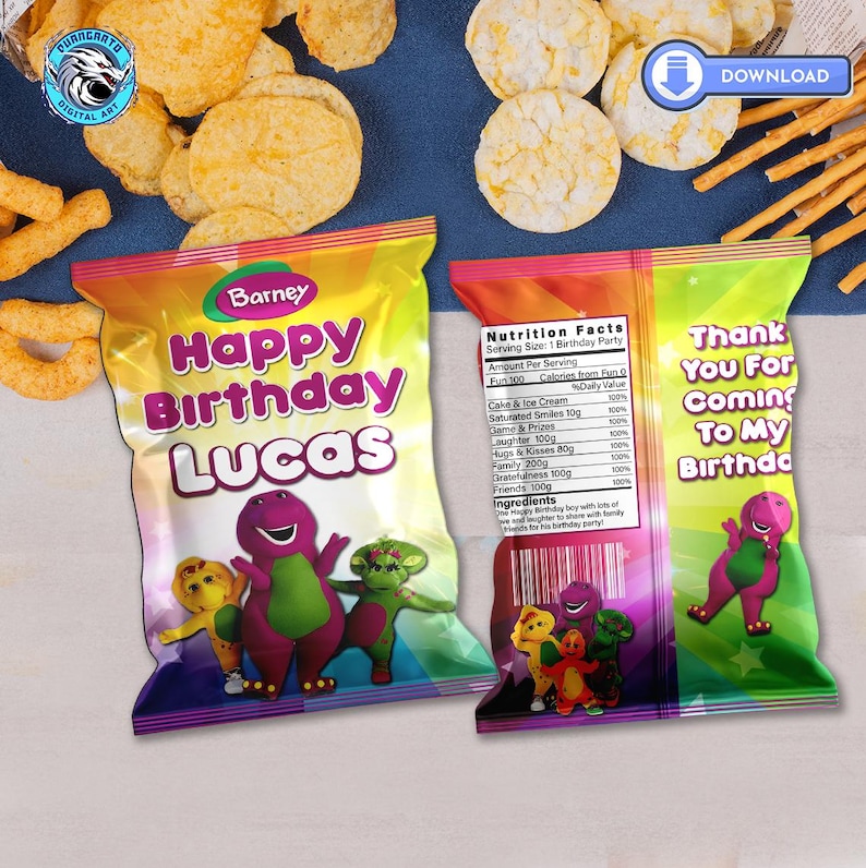 Printable Barney Birthday Chip Bags: Purple Dinosaur Party Favor ...
