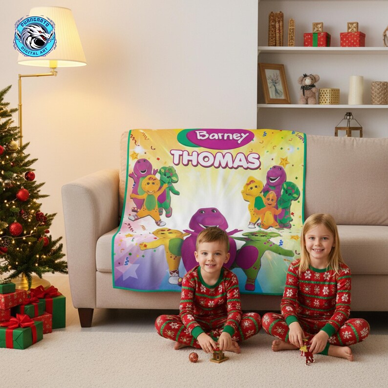 Personalized Barney Blanket: Custom Name Purple Dinosaur Fleece Throw ...