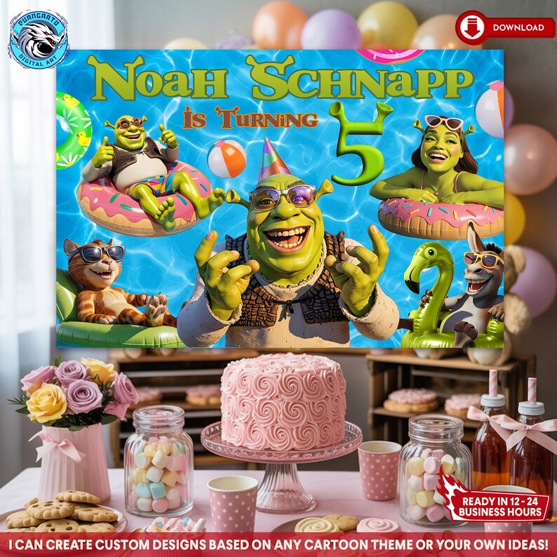 Shrek Pool Party Backdrop, Kids Summer Birthday Banner (digital ...