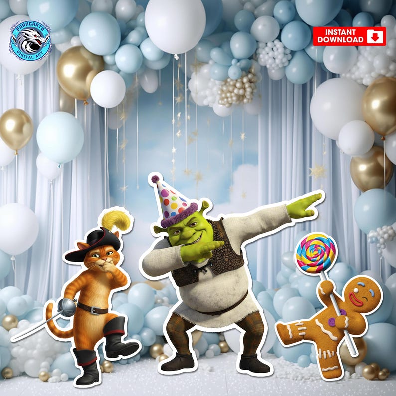 Shrek Party Cutouts: Funny Cartoon Characters, Birthday Decor (digital ...