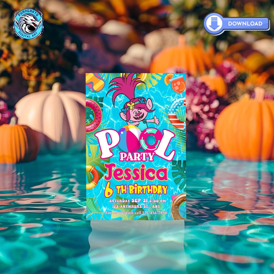 Printable Trolls Pool Party Invitation, Poppy Trolls Birthday Party ...