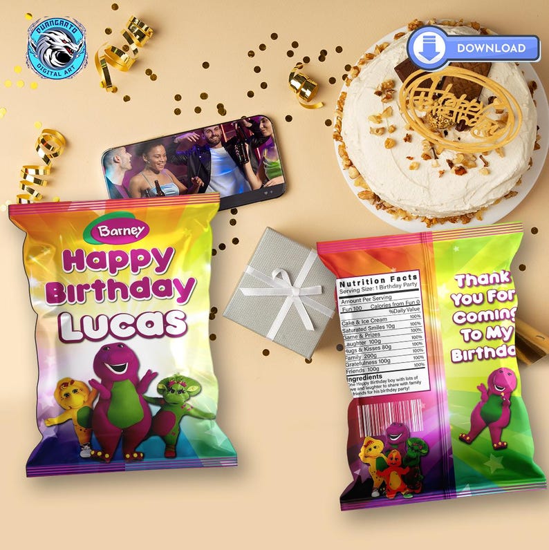 Printable Barney Birthday Chip Bags: Purple Dinosaur Party Favor ...
