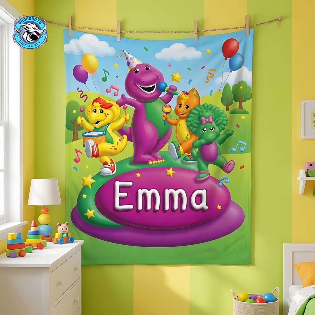 Barney and Friends Kids Blanket, Personalized Name Cartoon Dinosaur ...