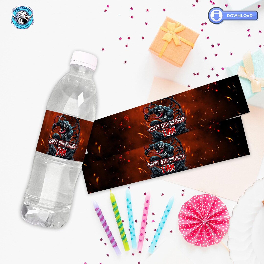 Venom Birthday Party Water Bottle Labels: Superhero Favor (digital ...