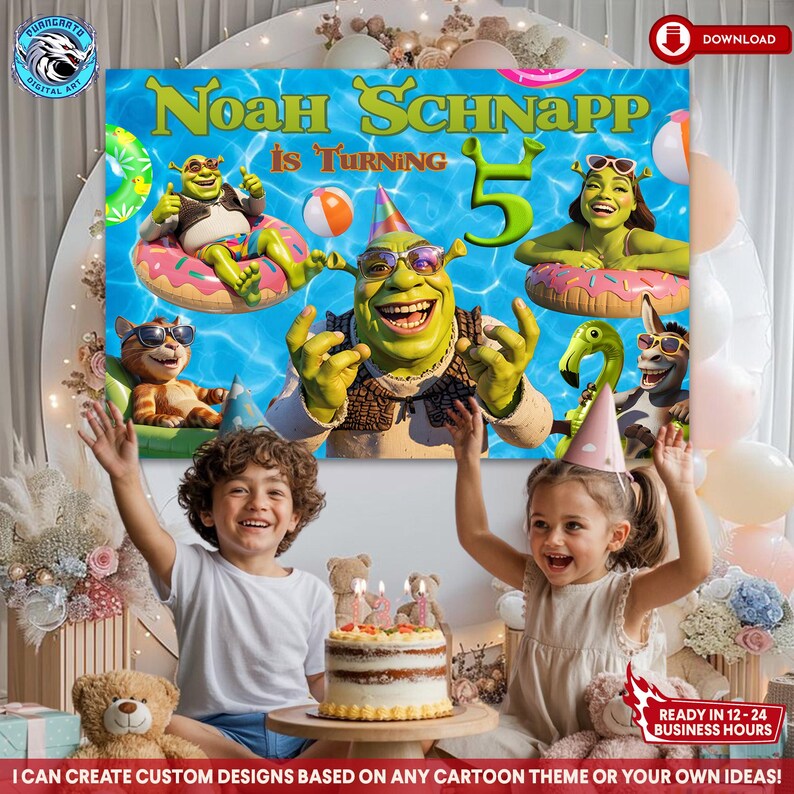 Shrek Pool Party Backdrop, Kids Summer Birthday Banner (digital ...