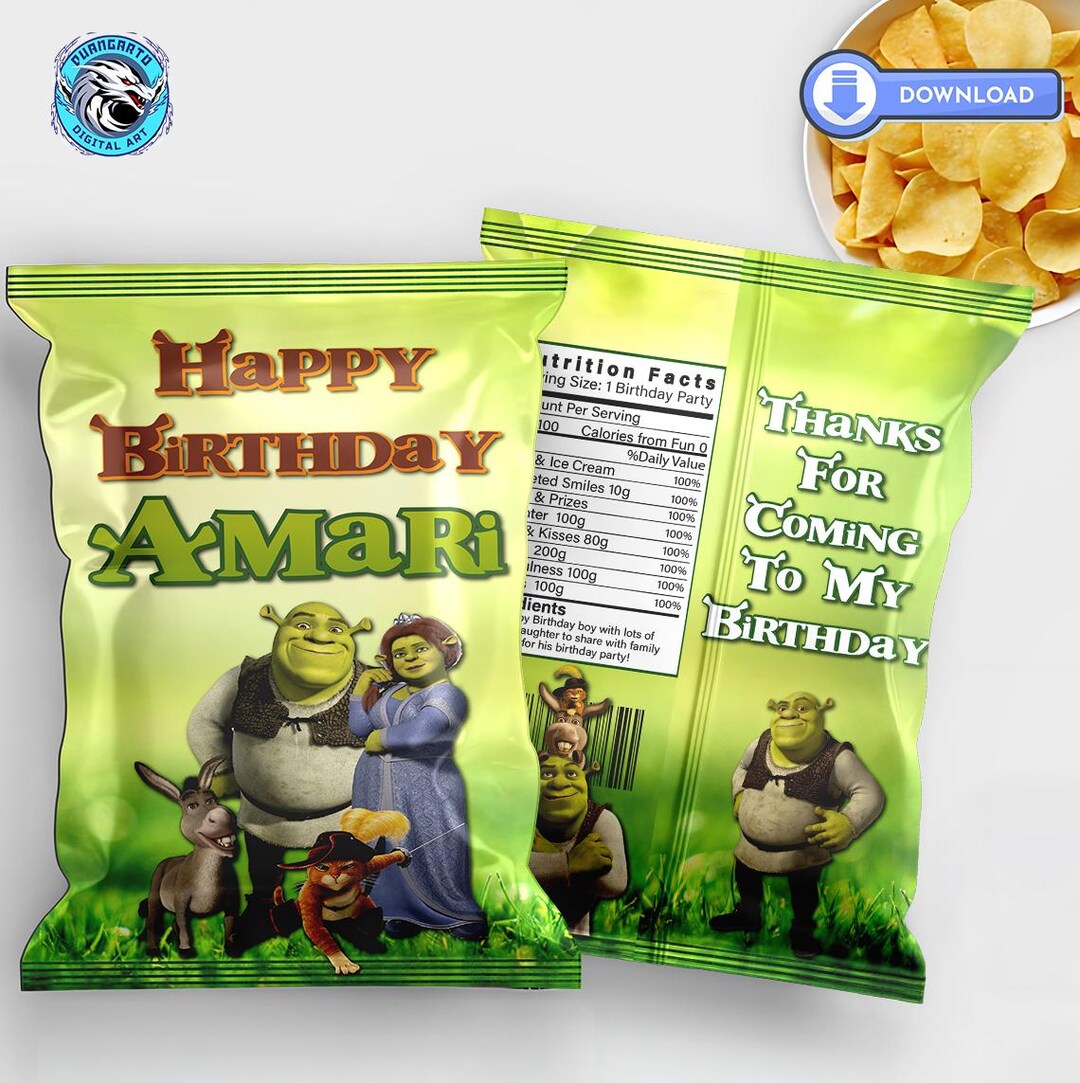Printable Shrek Chip Bags, Shrek Birthday Party Favors Digital Download ...