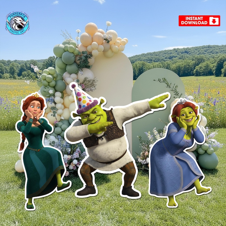 Shrek Party Cutouts: Funny Cartoon Characters, Birthday Decor (digital ...
