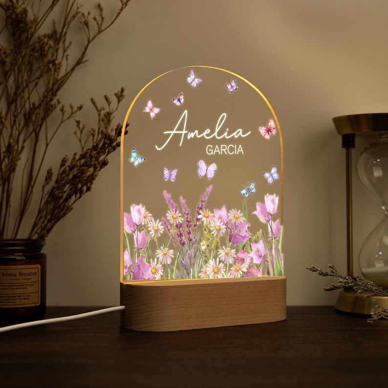 Custom Floral Butterfly Name Night Light, Personalized Flower Garden ...
