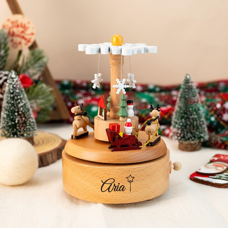 Personalized Name Wooden Music Box, Musical Carousel, Custom Engraved ...