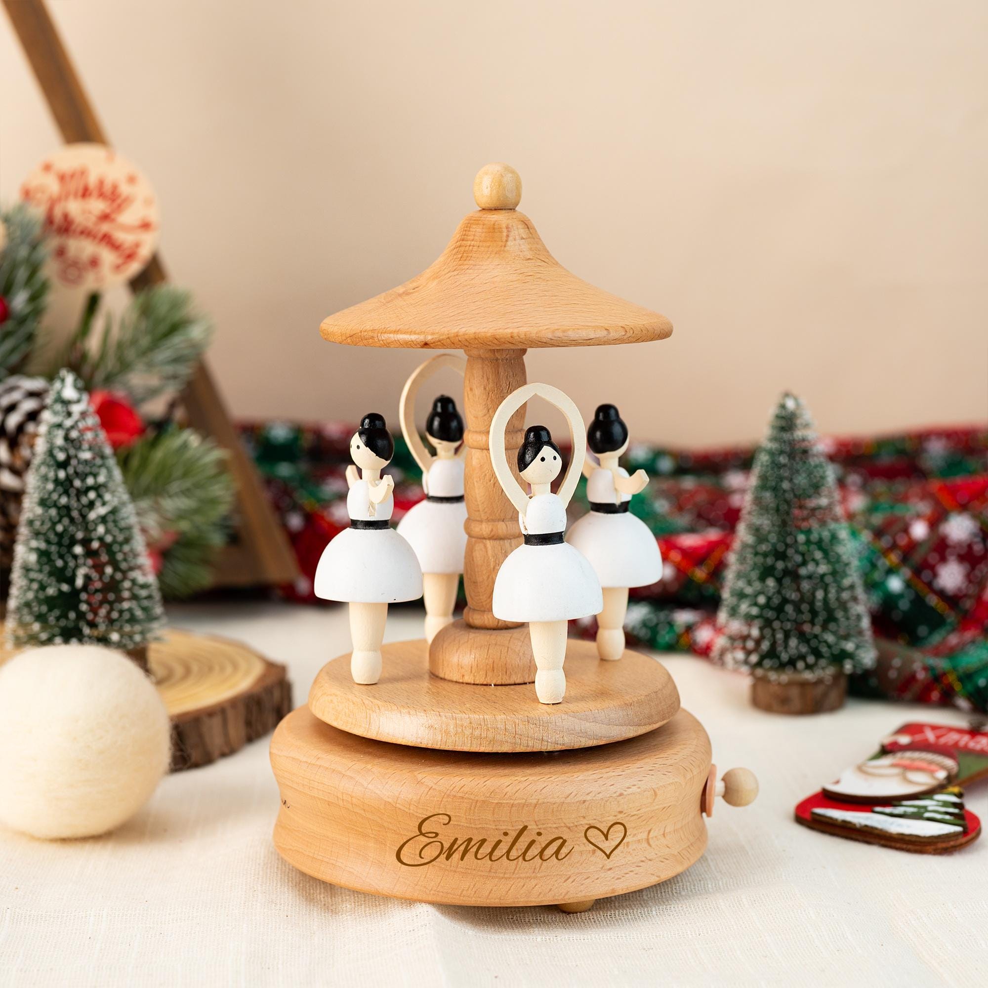 Personalized Name Wooden Music Box, Musical Carousel, Custom Engraved ...