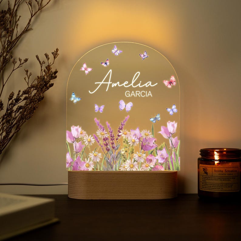 Custom Floral Butterfly Name Night Light, Personalized Flower Garden ...