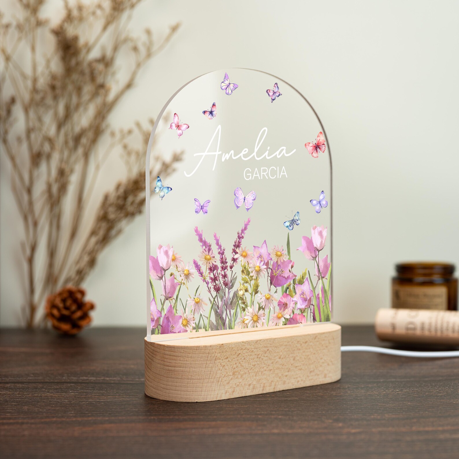 Custom Floral Butterfly Name Night Light, Personalized Flower Garden ...