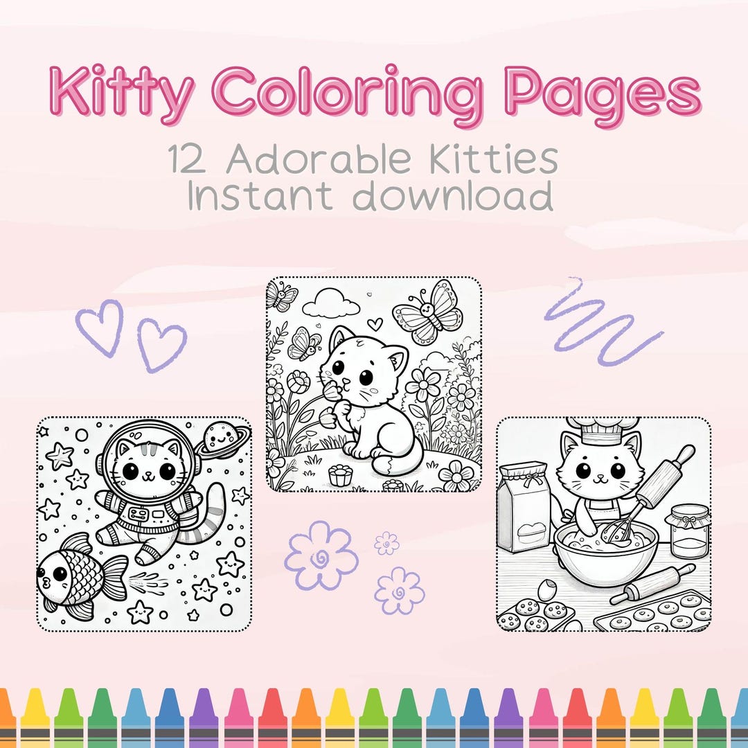 12 Adorable Kitty Coloring Pages - Instant Download, Printable Coloring ...